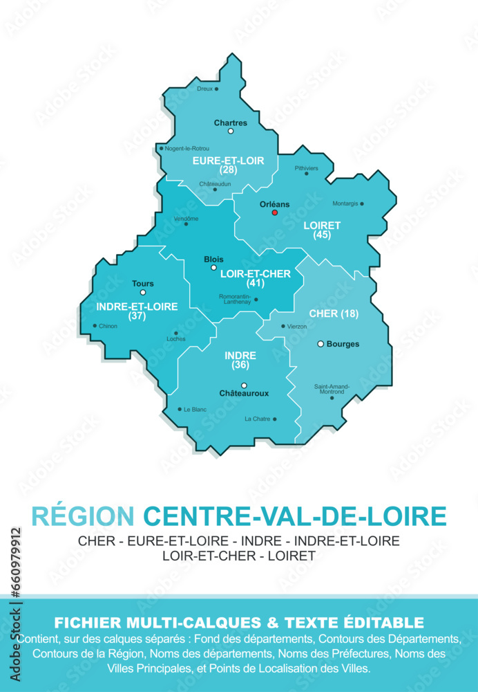 Carte de la région Centre-Val-de-Loire, ses départements et ses villes ...