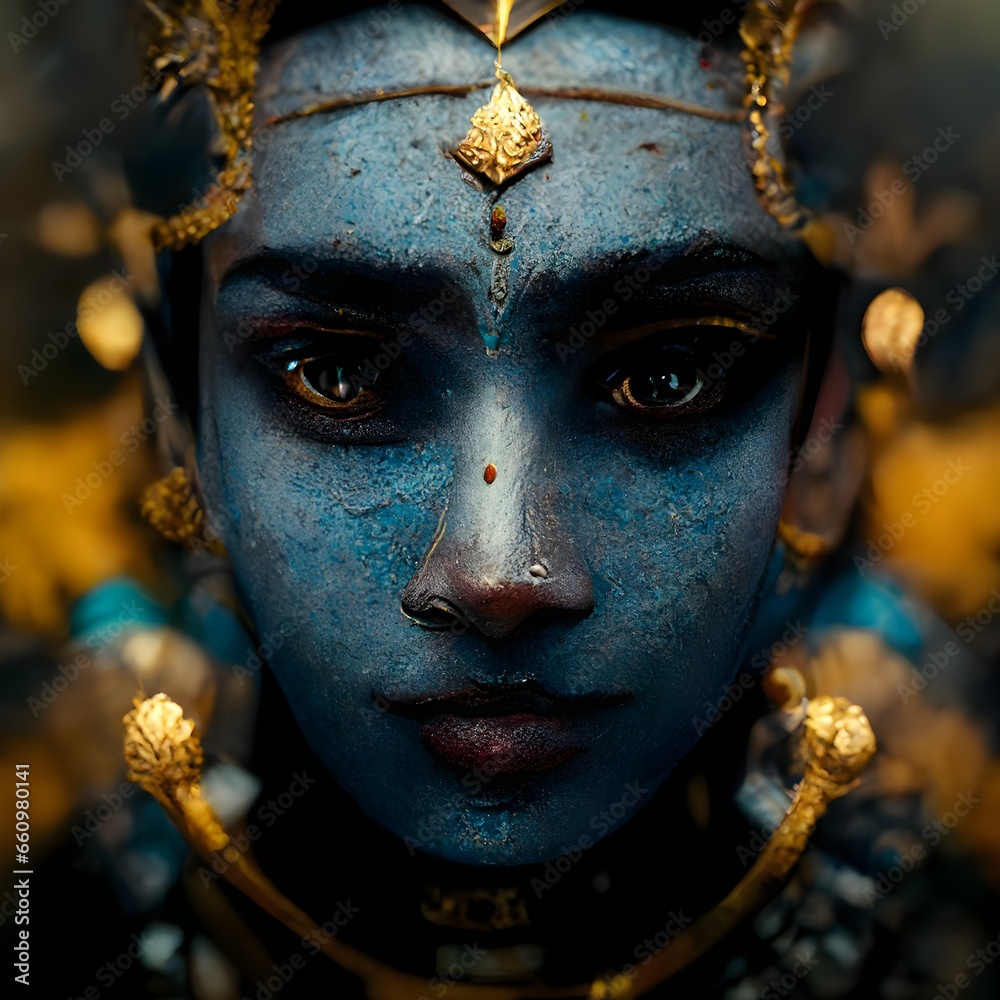 Beautiful Portrait of Lord Krishna Blue Face Hindu Gods Intricate ...