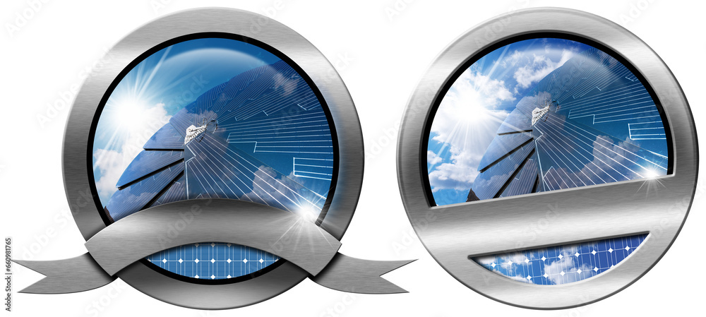 Two metallic round icons or symbols with solar panels and copy space ...
