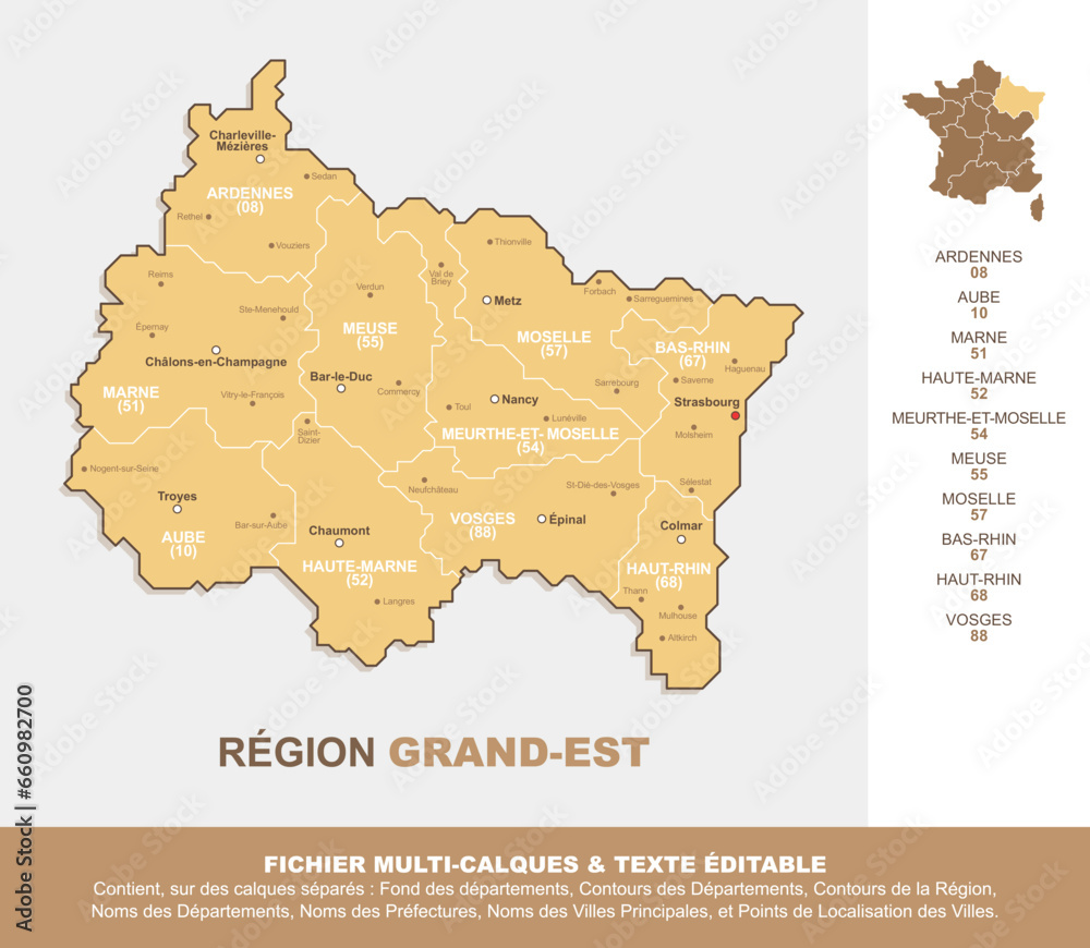Carte de la région Grand-Est, ses départements et ses villes Stock ...