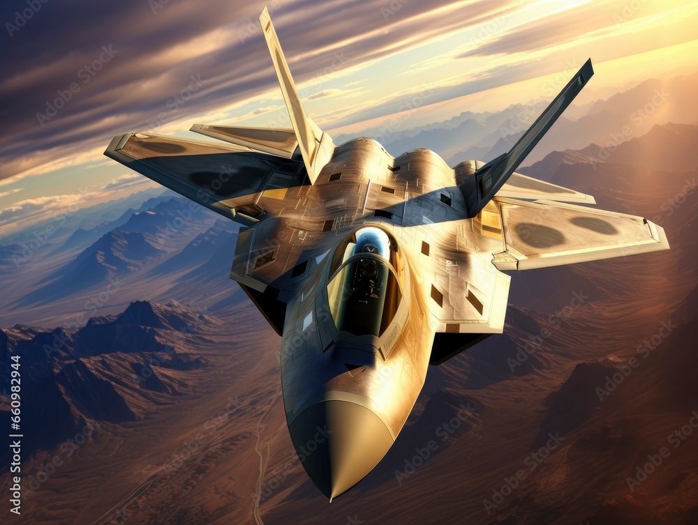 Conceptual futuristic fighter jet airplane full body view flying in the ...