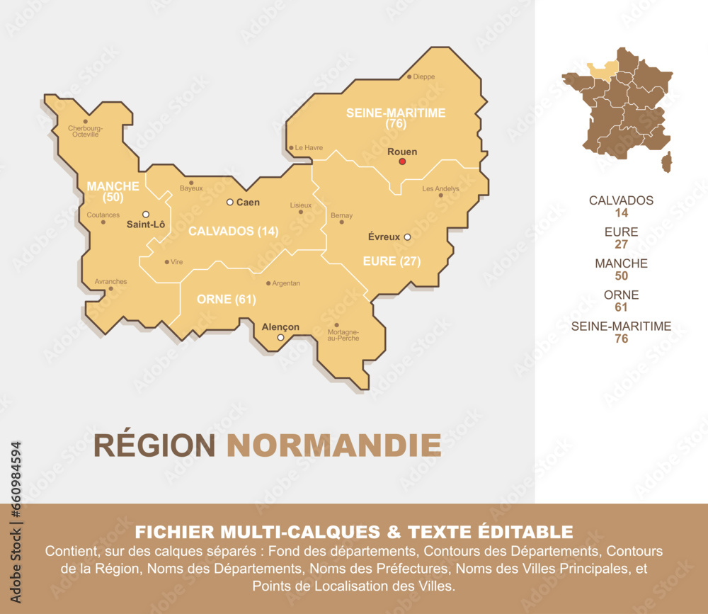Poster Carte de la région Normandie, ses départements et ses villes Αφίσα | Europosters
