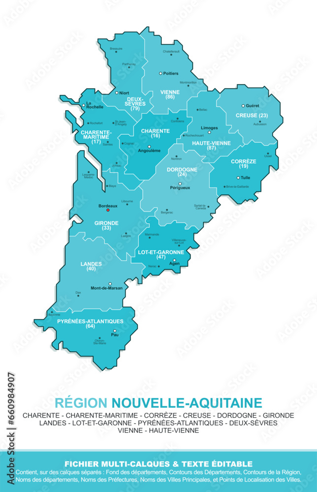 Carte de la région Nouvelle-Aquitaine, ses départements et ses villes ...