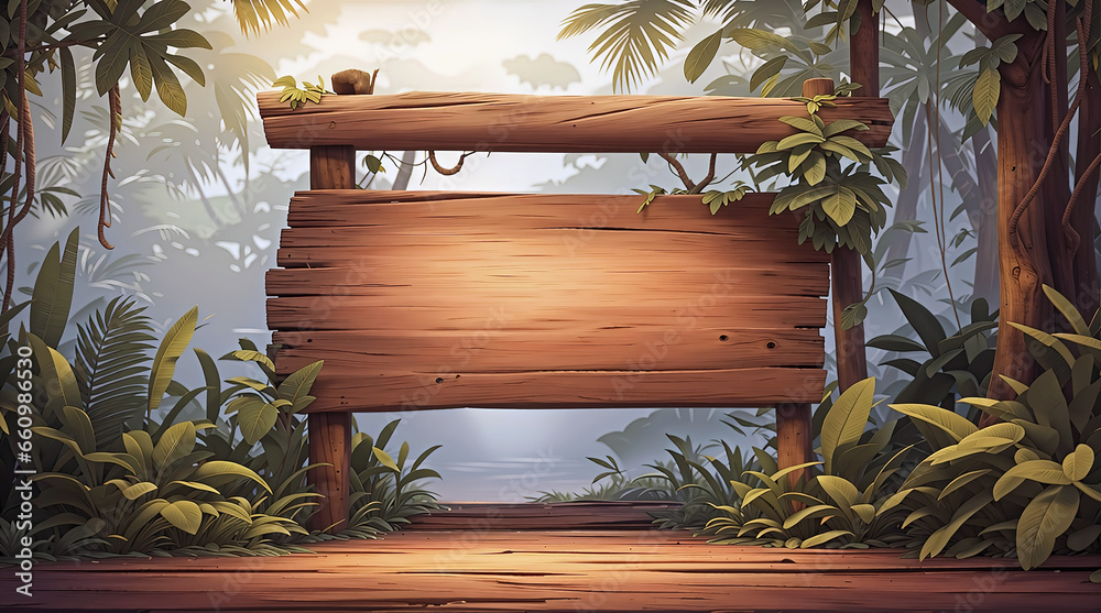 Old empty wooden sign made of composite boards in front of a jungle ...