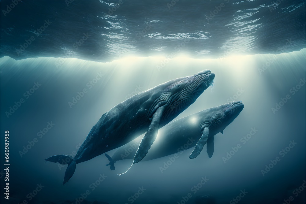 lifesize realistic detailed humpback whales drifting in the ocean ...