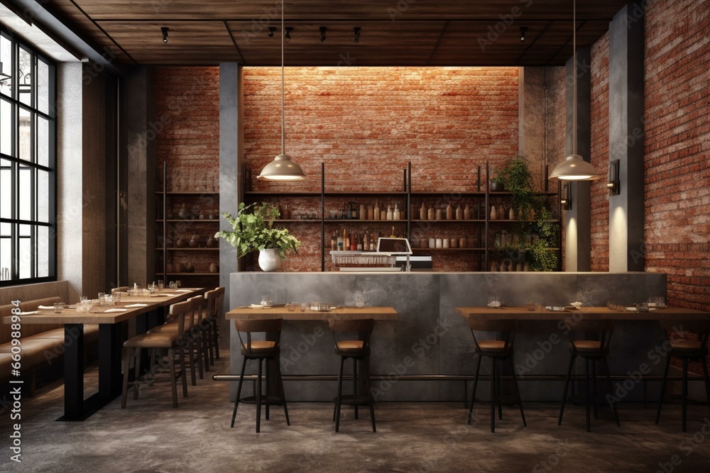 Modern restaurant design with a front view, featuring a loft-style ...