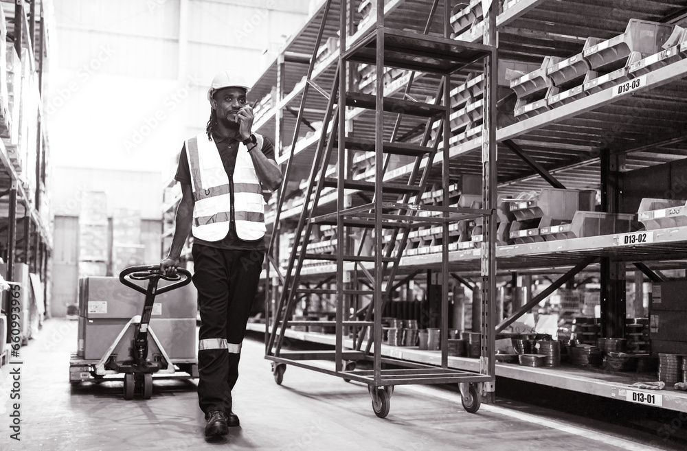 Young man pulling hand pallet truck loading package boxes stacked in ...