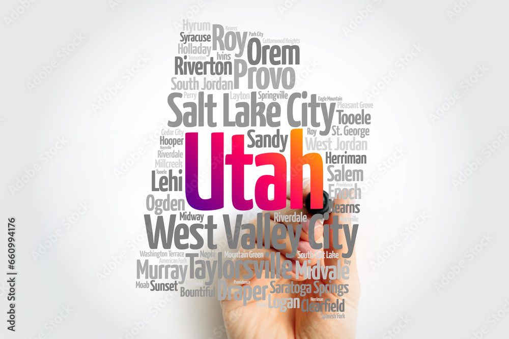 List of cities in Utah USA state, map silhouette word cloud, map ...