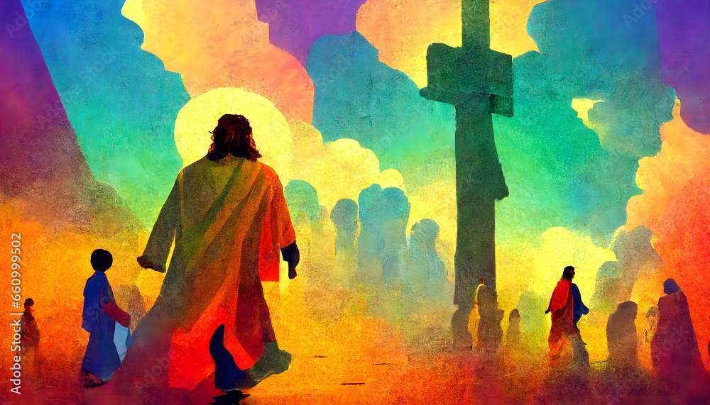 Jesus walking towards a massive cross shadows crawl towards Jesus Gods ...