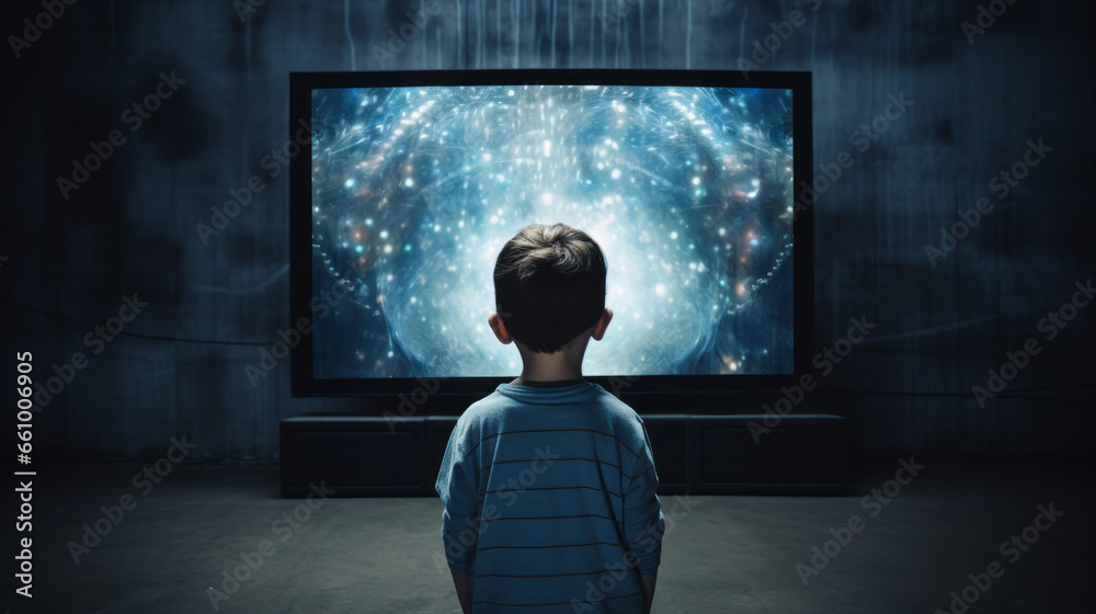 Back view of a boy child head in front of a huge tv screen representing ...