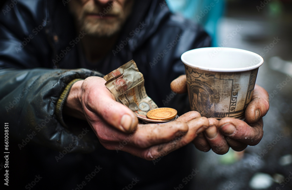 Homeless man drug addict and alcoholic depressed begging for help and ...