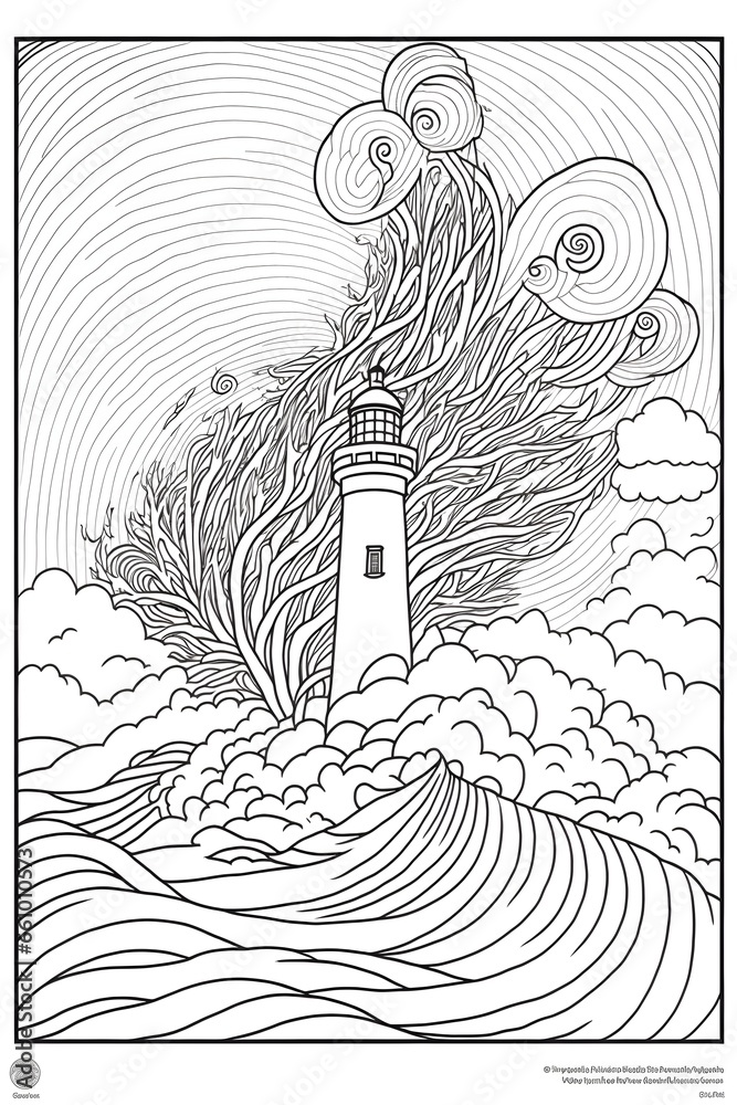 Mandalas of lighthouse in the middle of the storm Black and white line ...