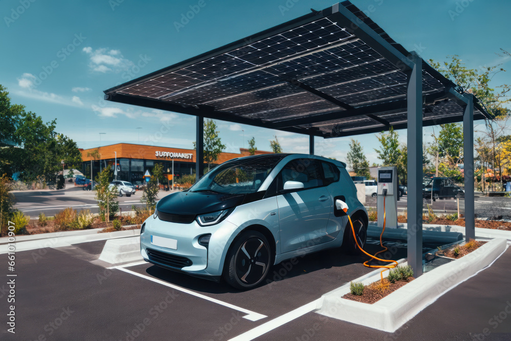 voiture électrique branchée à une borne en train de recharger sa ...