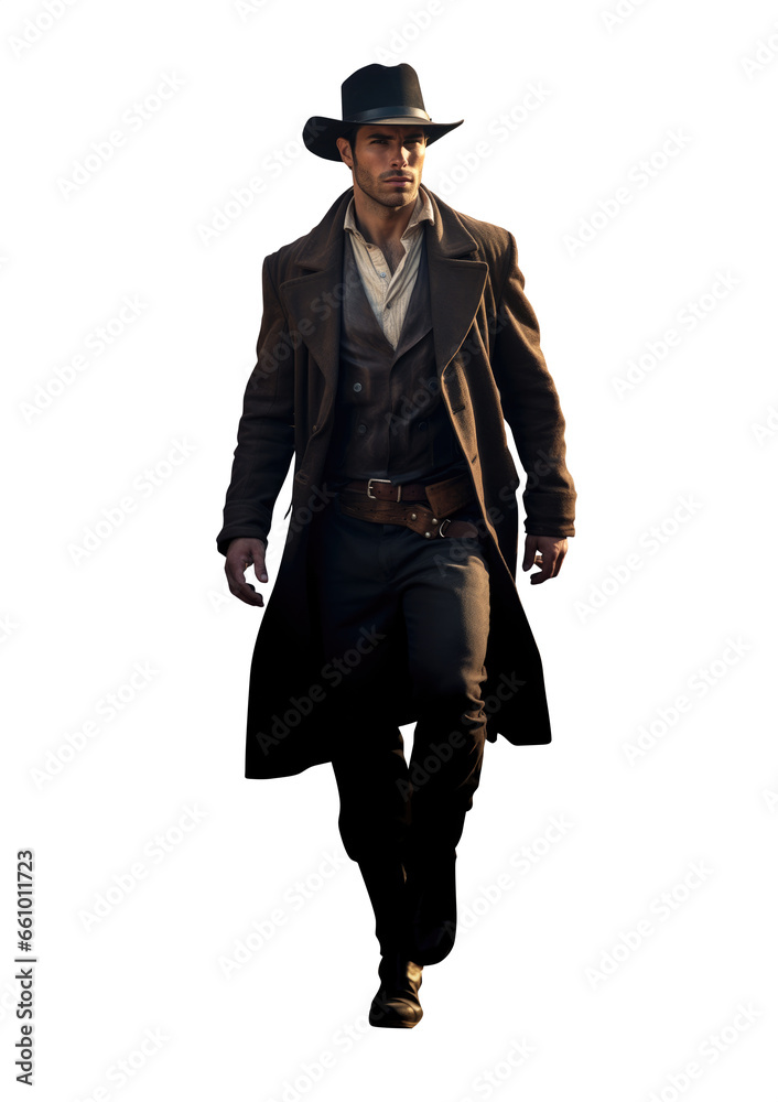 Wearing a cowboy hat, duster jacket coat, jeans. boots. White shirt ...