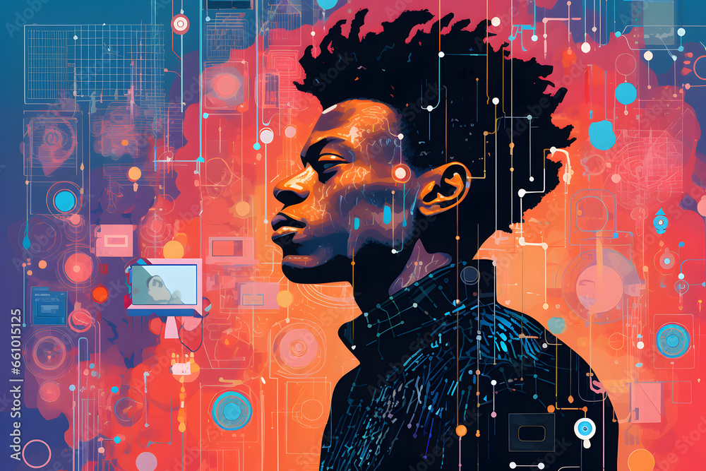 Side profile of man against a vibrant red digital background with blue ...