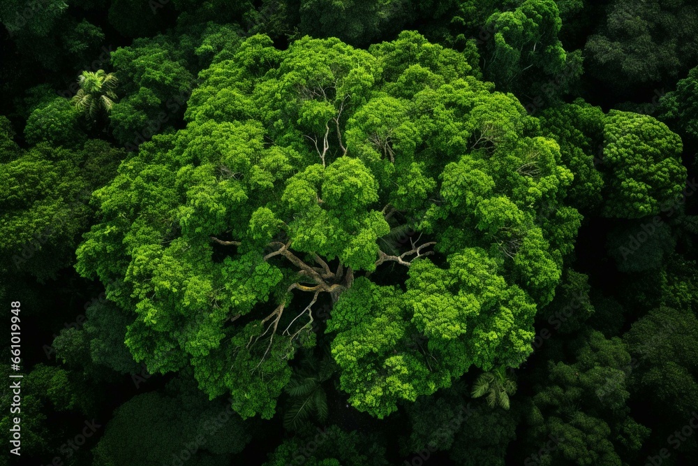 Overhead view of vibrant rainforest tree with green leaves ...