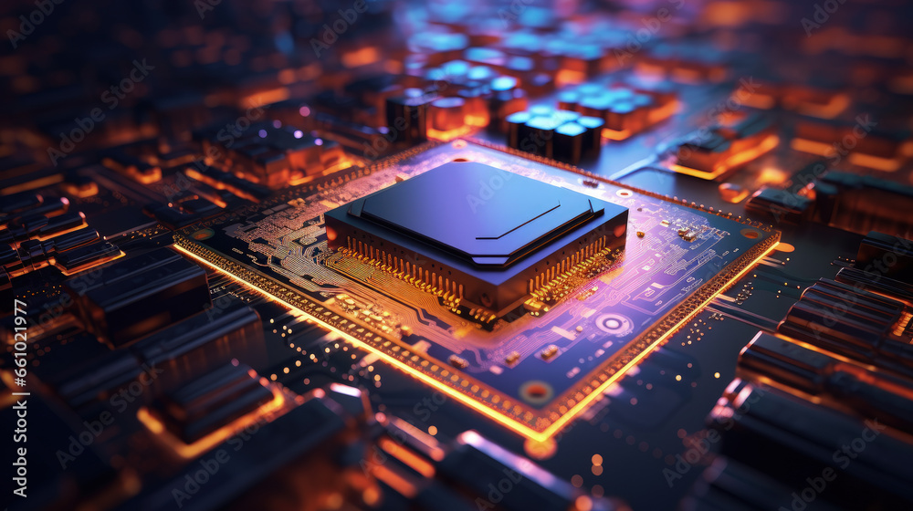 An AI chip aglow on a circuit board, exemplifying the concept of ...