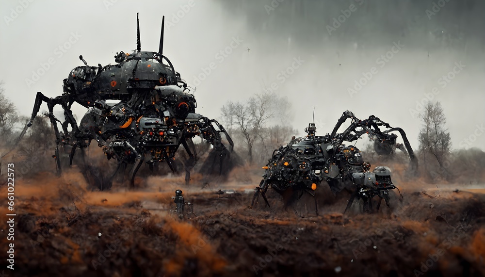 heavily armored tarantula spider battle mechs with a tank turret on top ...