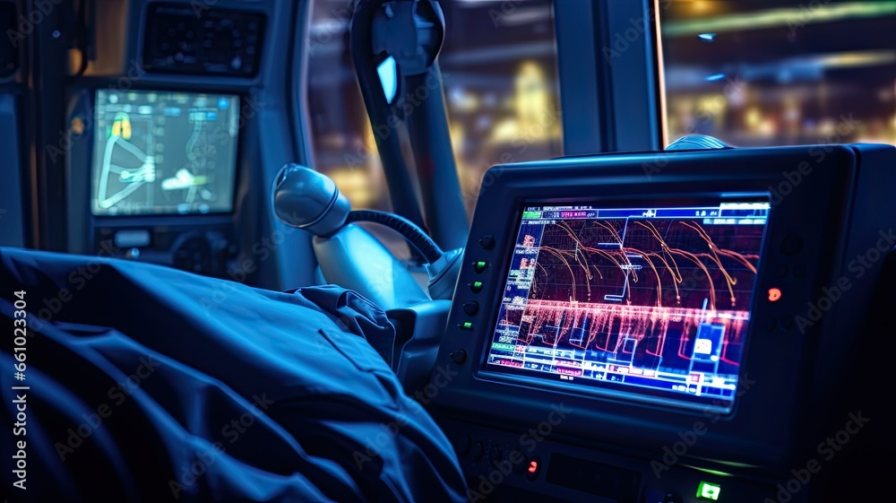 an ECG monitor in an ambulance, with paramedics attending to a patient ...