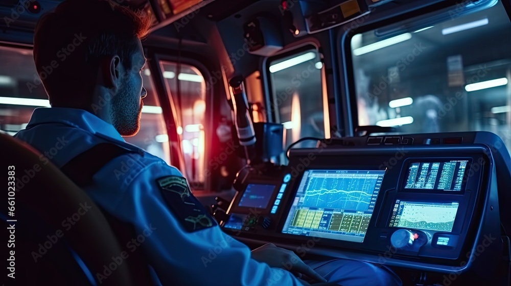 an ECG monitor in an ambulance, with paramedics attending to a patient ...