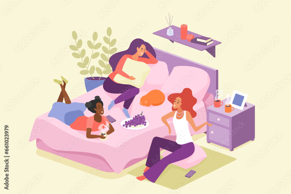 Girls friends talk in bedroom on hen party vector illustration. Cartoon ...