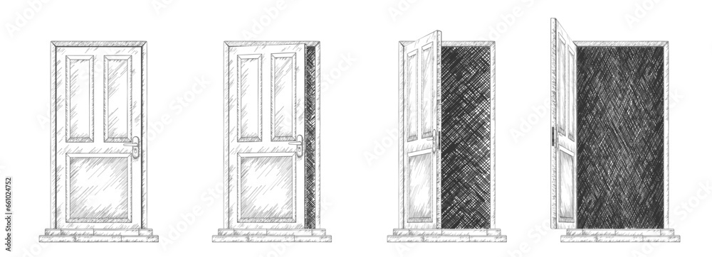 Door opening sequence, set of line sketches vector illustration ...