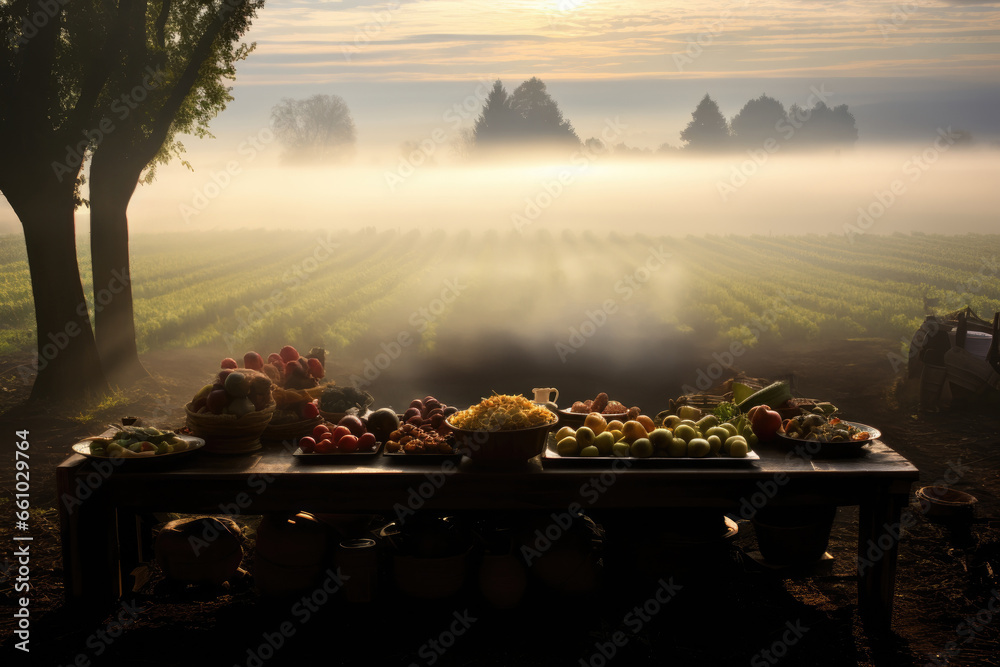 Early morning ranch farm. Mist and fog. Fantasy farm. A rustic wood ...