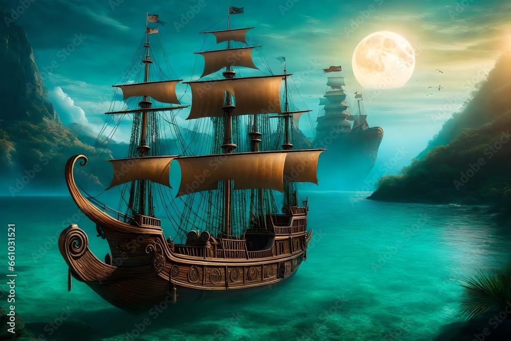 Envision a captivating scene of a mystic pirate ship adrift on the ...