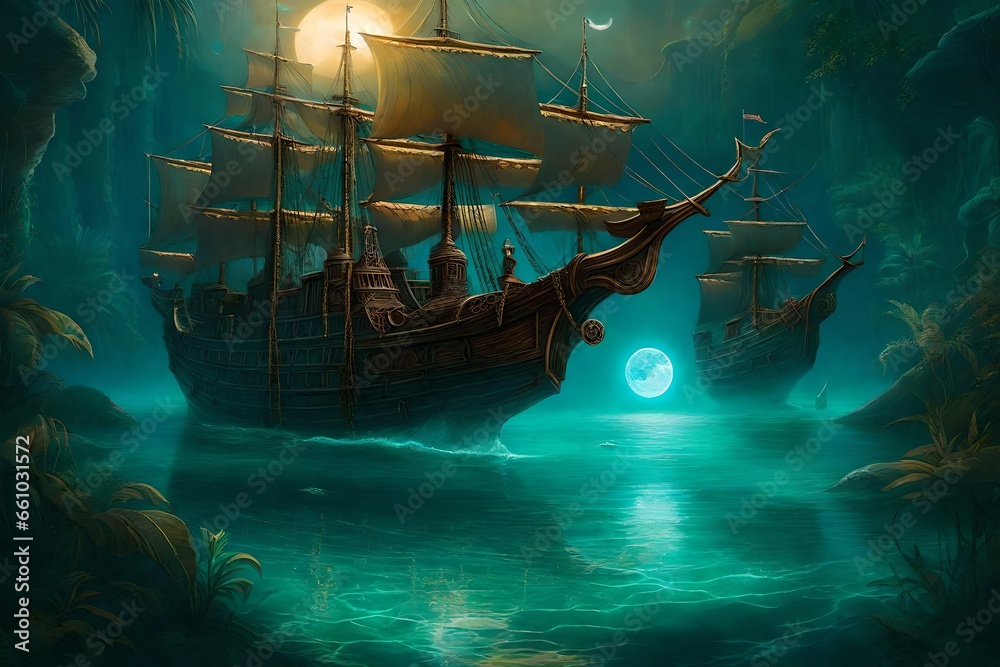 Envision a captivating scene of a mystic pirate ship adrift on the ...