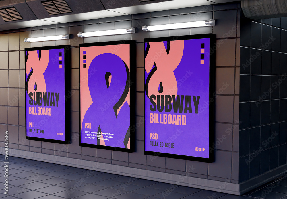 Three Advertisement in Subway Station Mockup Stock Template | Adobe Stock