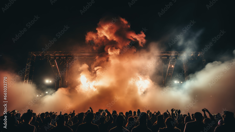 he thick smoke from the smoke machines engulfs a nighttime concert ...