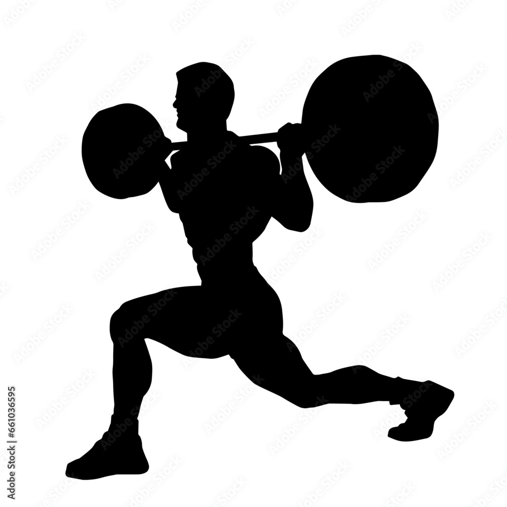 Silhouette of a muscular male in weight lifting pose at the gym ...
