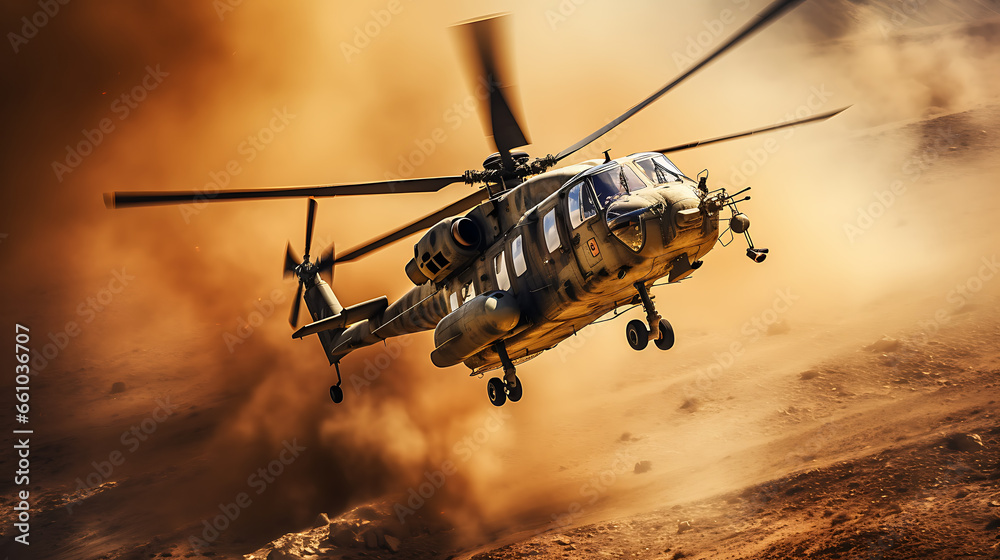 Military helicopter in active combat zone. War chopper aircraft flying ...