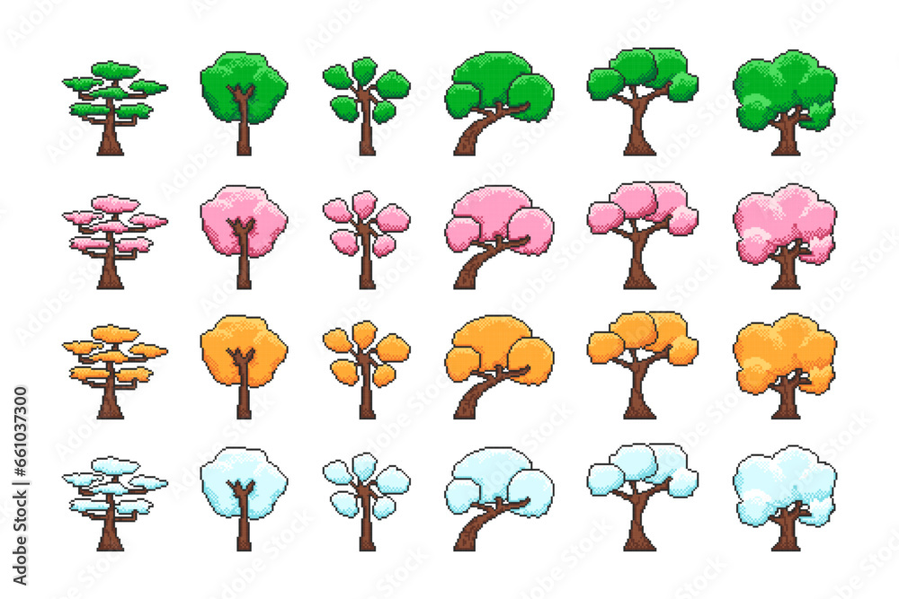 Set of pixel trees, video game UI asset elements. 8 bit spring summer autumn and winter season ...