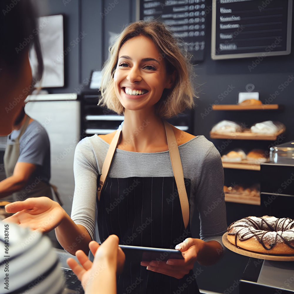 A candid shot of a smiling female baker, who's also the shop owner ...