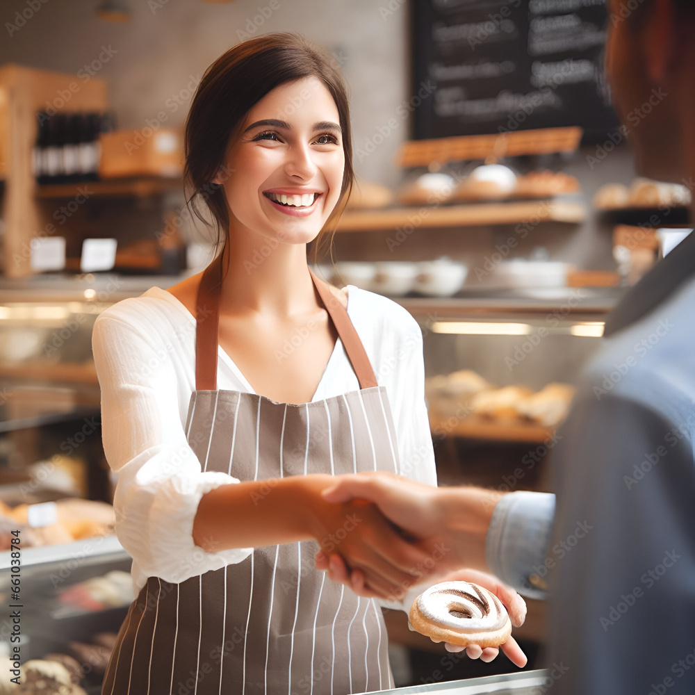 A candid shot of a smiling female baker, who's also the shop owner ...
