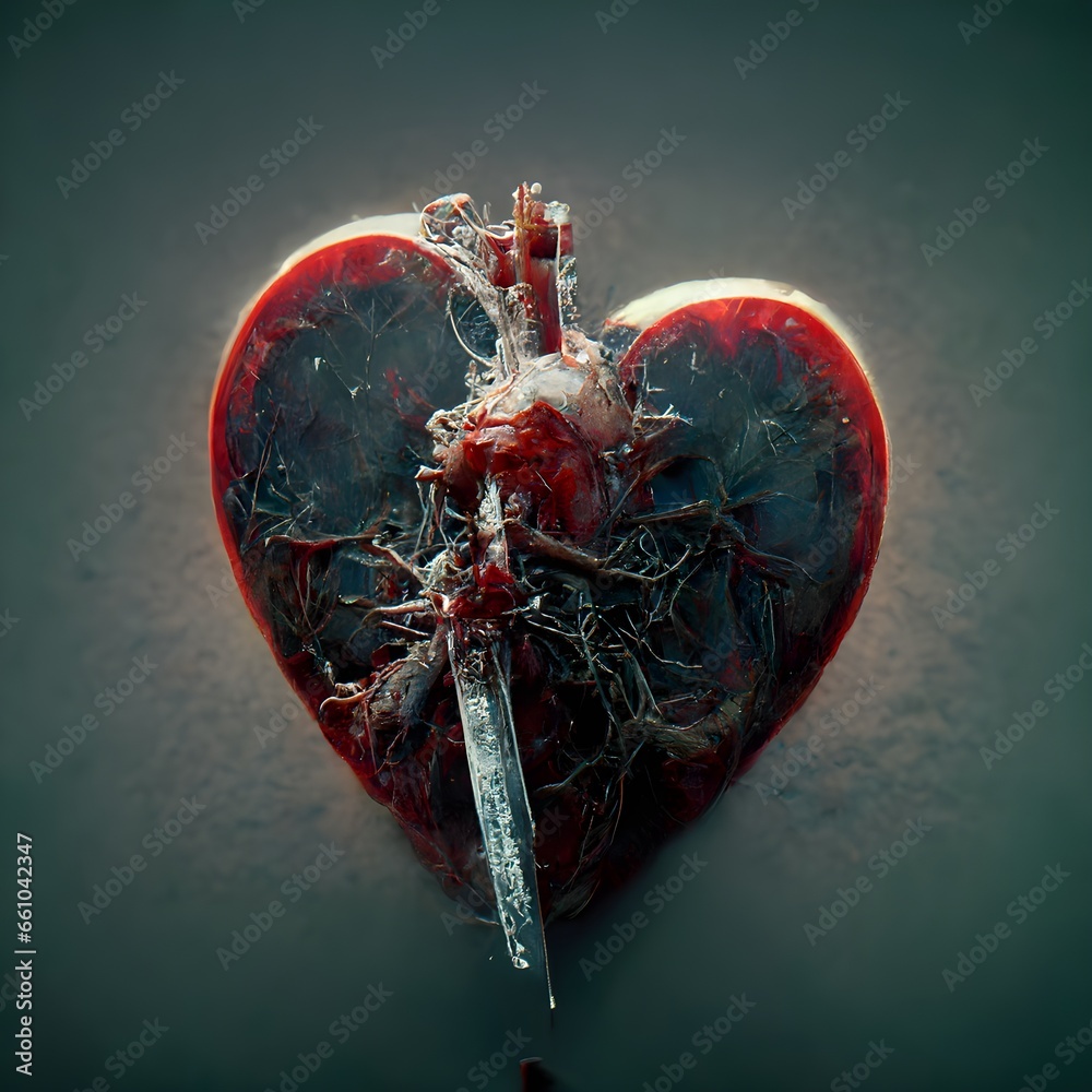 detailed iced heart inside a human body with multiple swords stabbed on ...