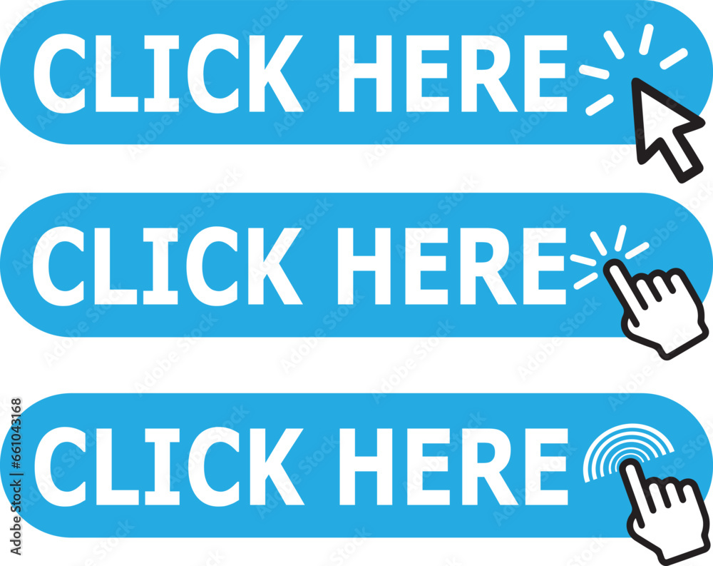 Click here button with arrow pointer clicking icon. Click here vector web button. Web button ...
