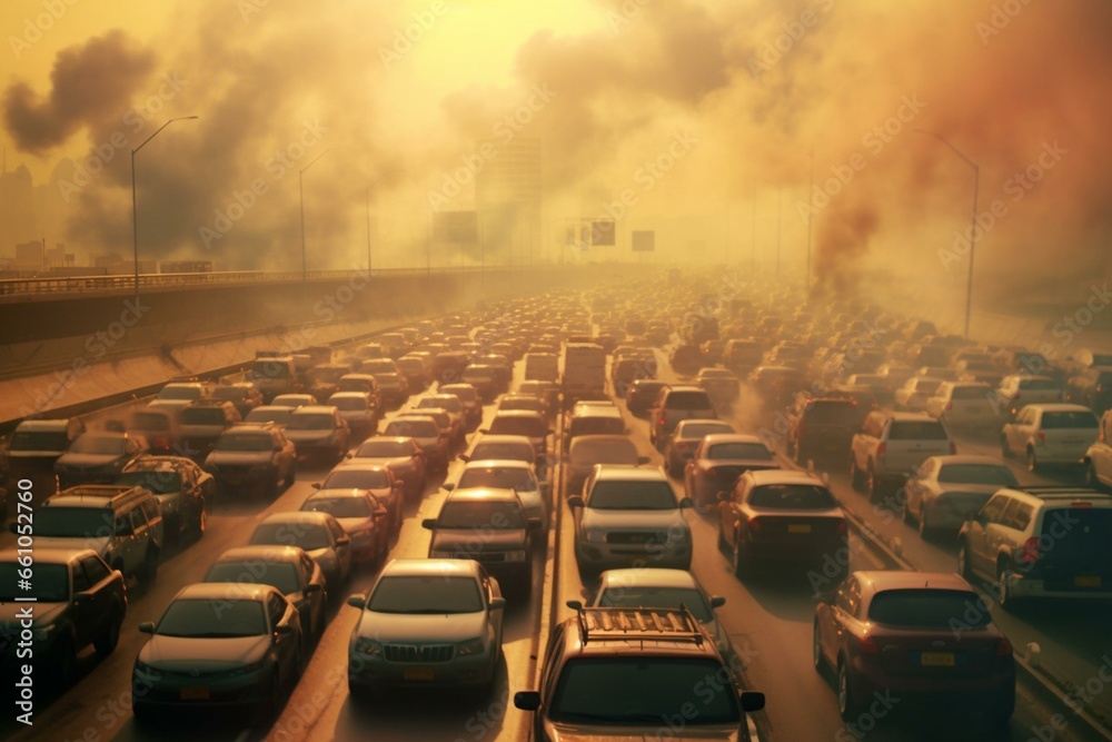 Road congestion with vehicles emitting fumes and causing air pollution ...