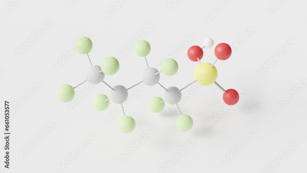 perfluorobutanesulfonic acid molecule 3d, molecular structure, ball and ...
