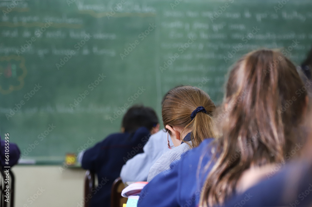 Students in class copying text from the blackboard. Classroom with ...