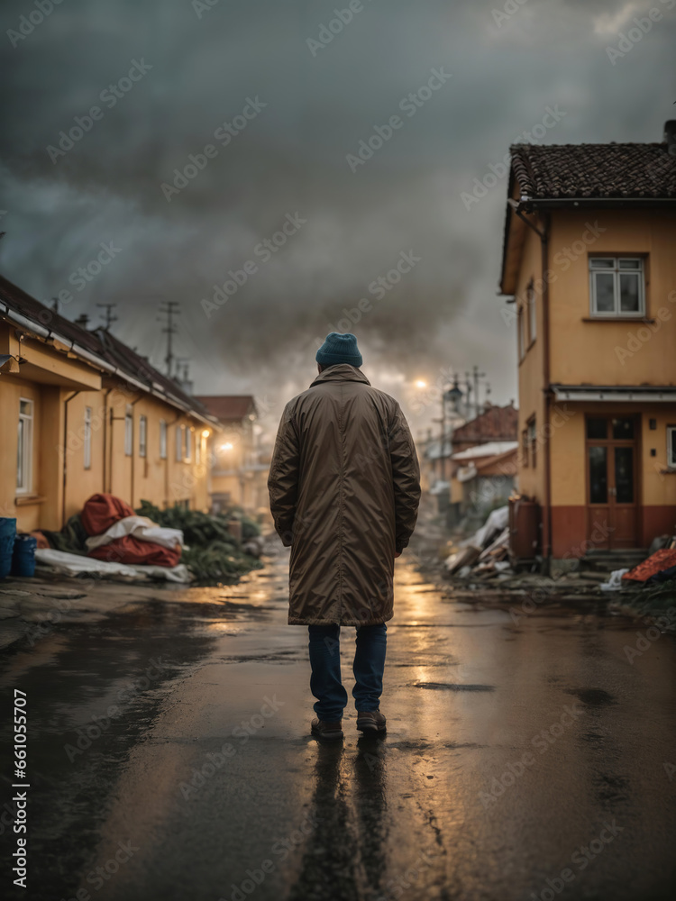 Man facing devastation caused by hurricane on ruined street, facing the ...