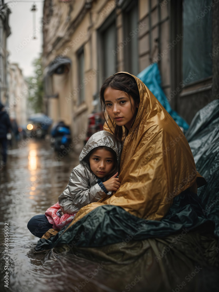 Homeless mother and daughter enduring poverty crisis in rainy weather ...