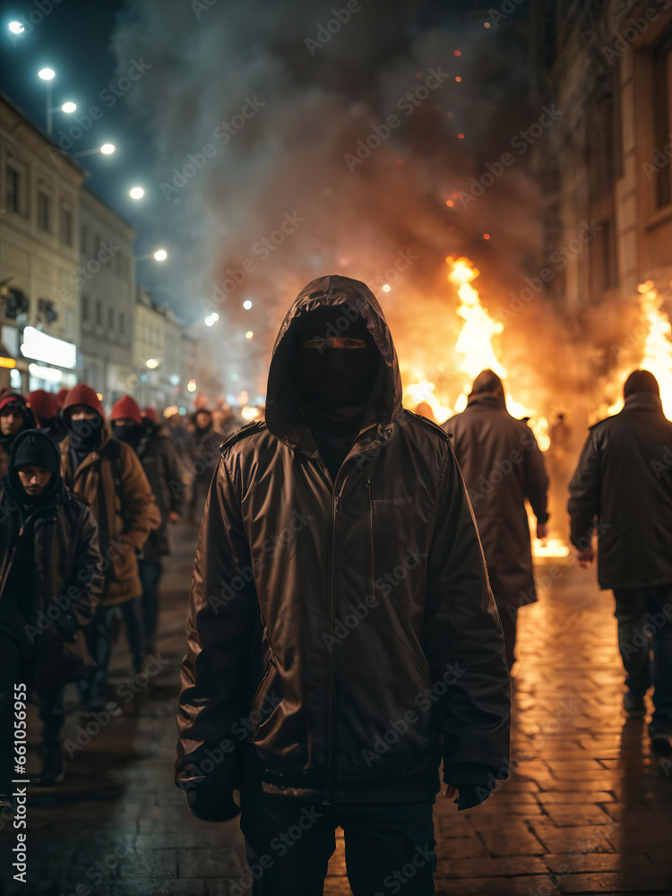 Symbolic image depicting riots on city streets, fire and destruction ...