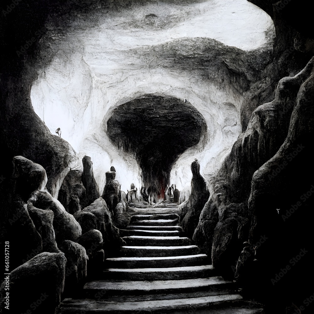 black white and red drawing ancient drawing cave cave closed with rocks ...