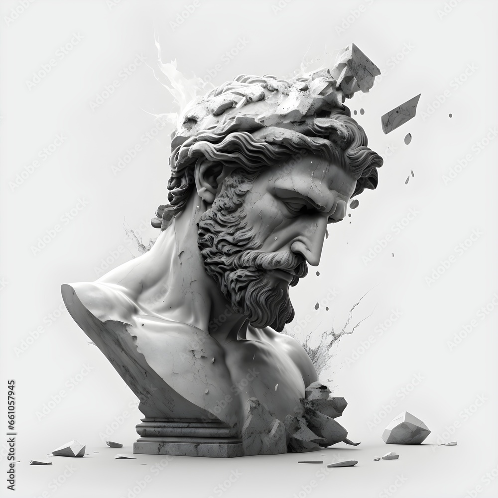 david statue with tattos on him head droken and waves comming gout of ...
