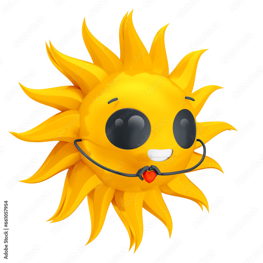 3D sun character. Happy yellow sun emoji with smiling face, 3d render ...