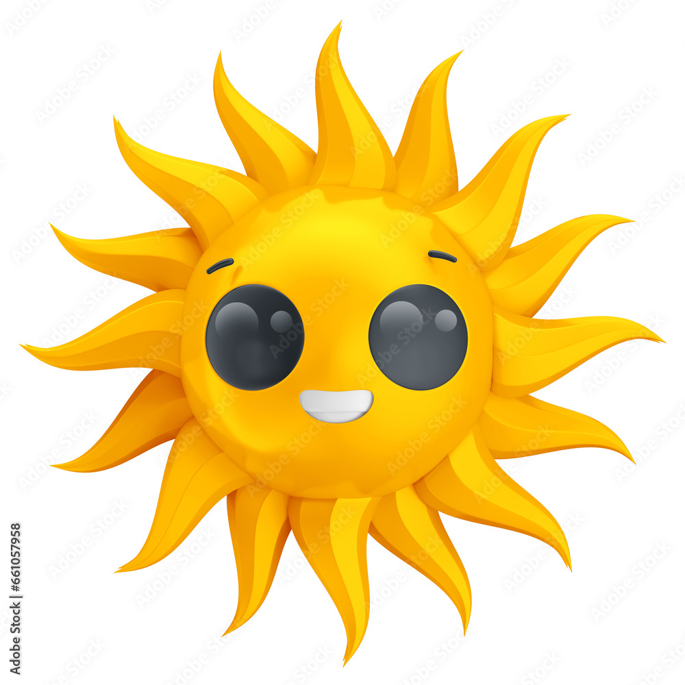 3D sun character. Happy yellow sun emoji with smiling face, 3d render ...