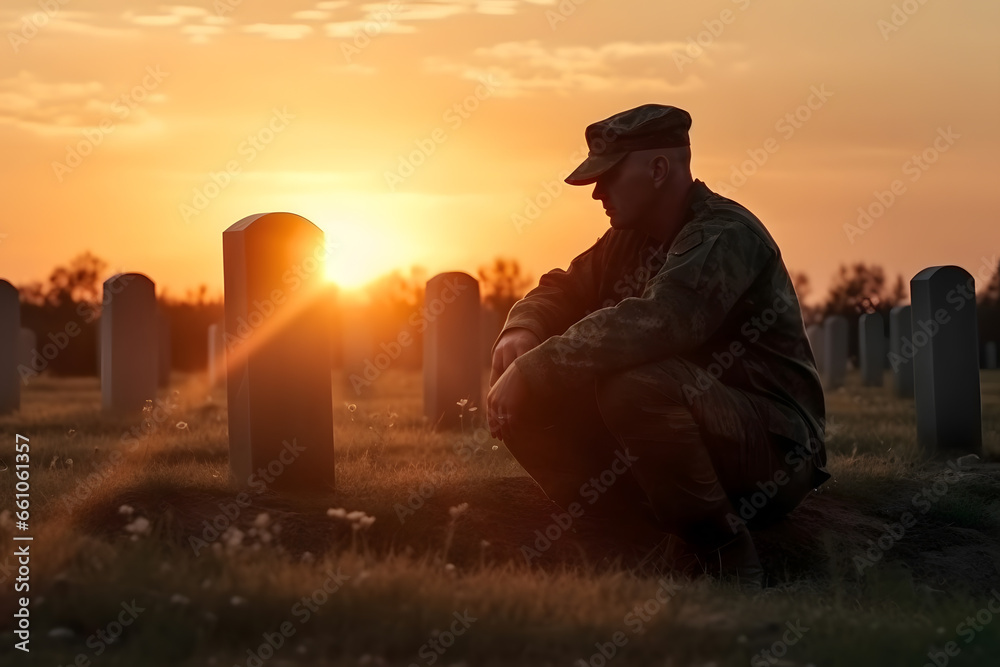 Military man kneeling of grave fallen soldier, sunset. Concept veteran ...