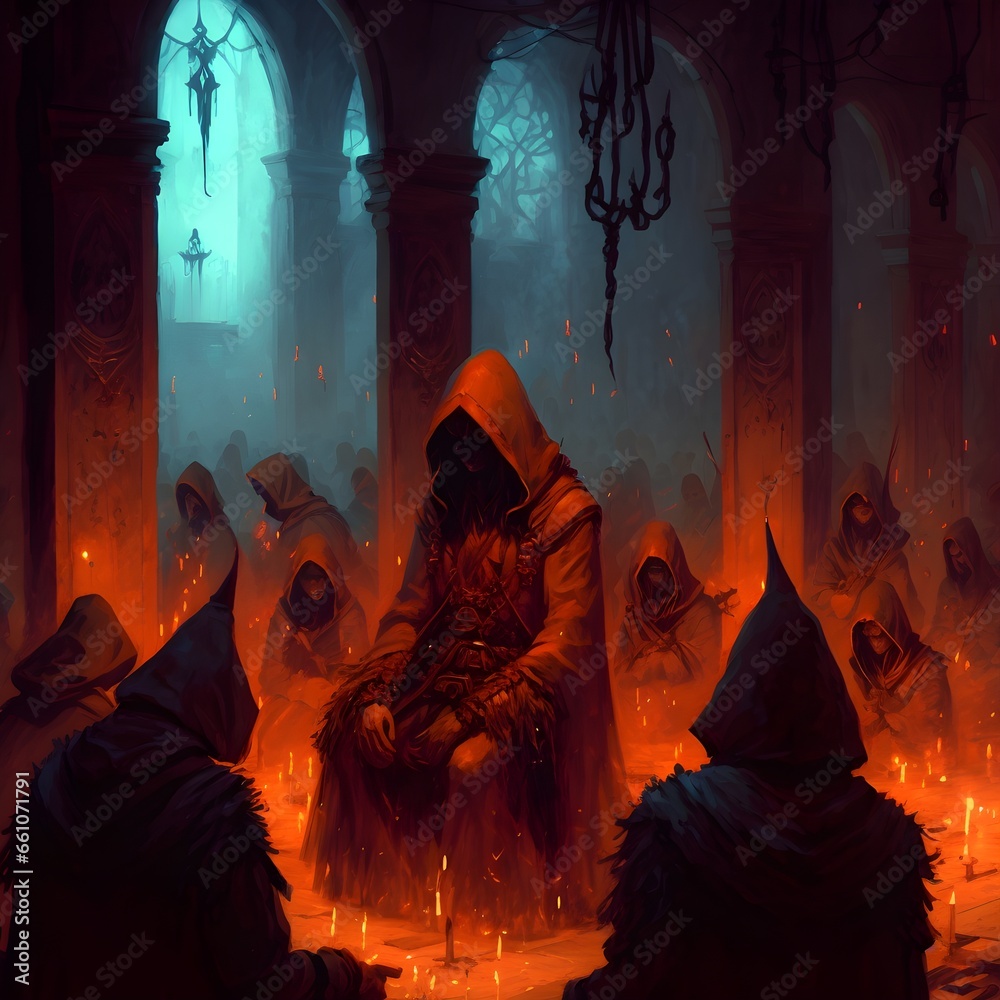 crowd of hooded fantasy cultists chained up in hell sacrifice chamber ...
